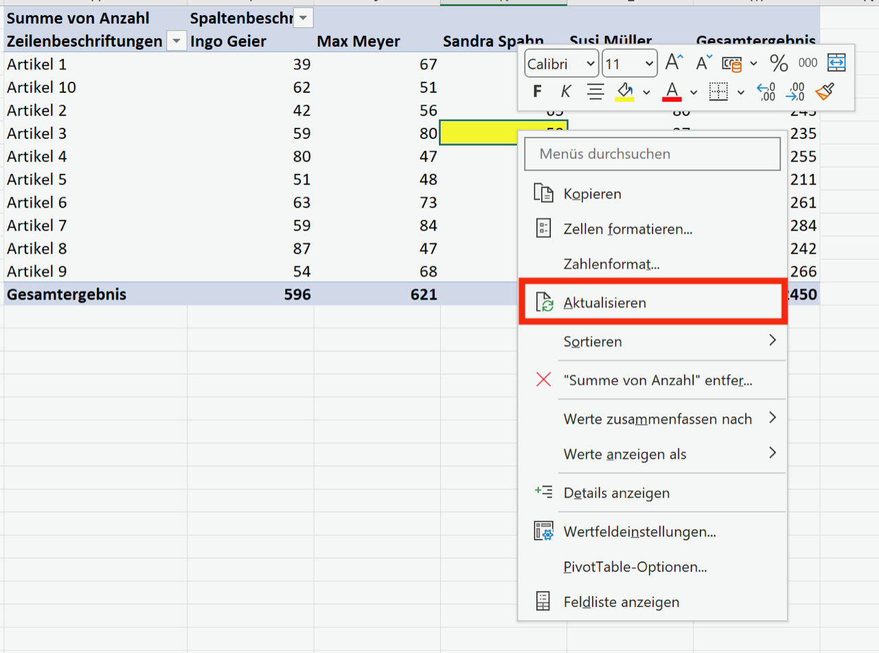 Pivot Tabellen Aktualisieren In Excel