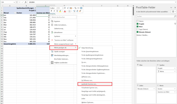 Laufende Summen in Pivot-Tabellen anzeigen – Excel