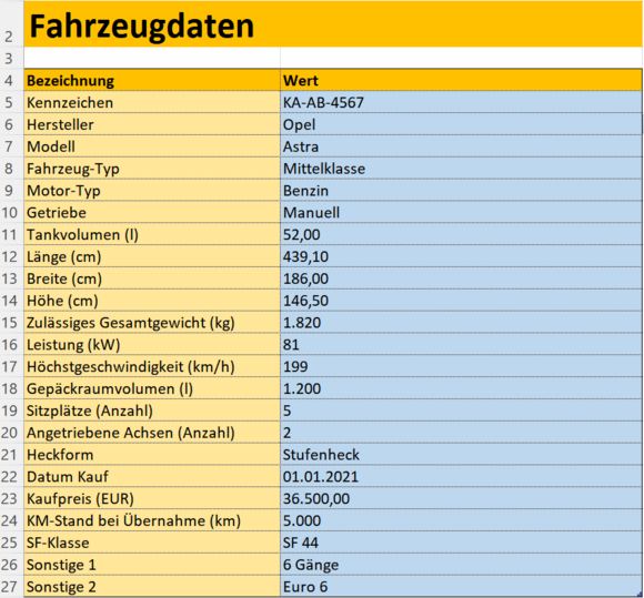 Fahrzeuge und Fuhrpark verwalten mit Excel