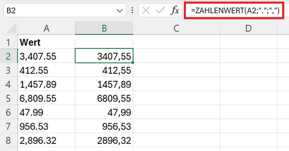 Excel: Amerikanisches Zahlenformat umwandeln in deutsches Format