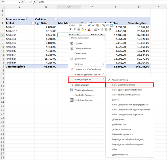 Prozentwerte in Pivot-Tabellen darstellen