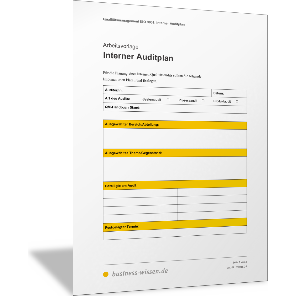 Interner Auditplan für das Qualitätsaudit – Vorlage