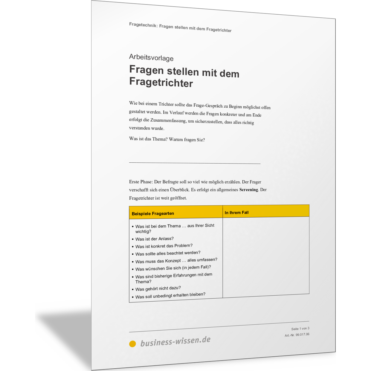 Fragetrichter: Fragenkatalog mit Beispielen – Vorlage