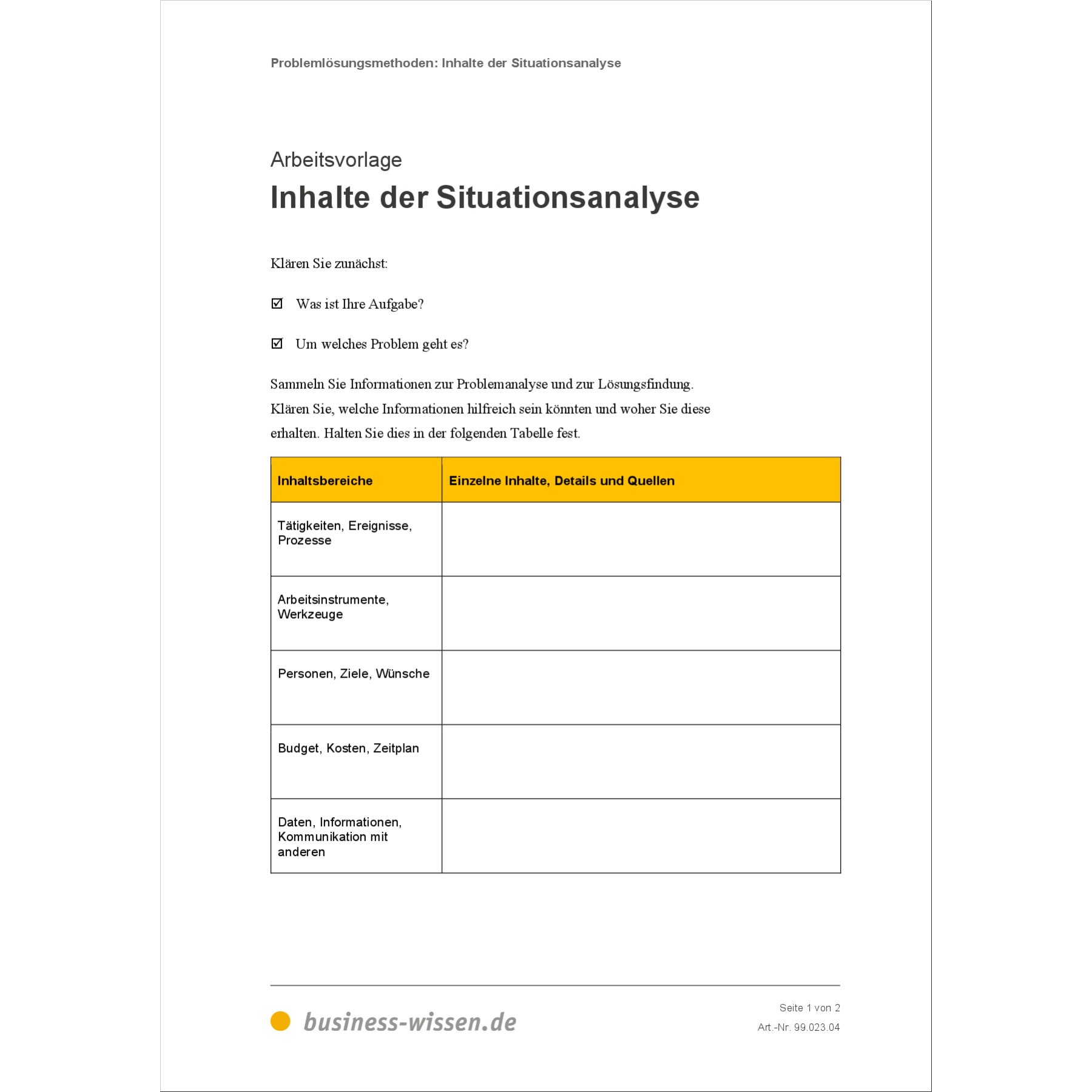 Problemlösung – Vorgehen und Methoden – Anleitung mit Vorlagen