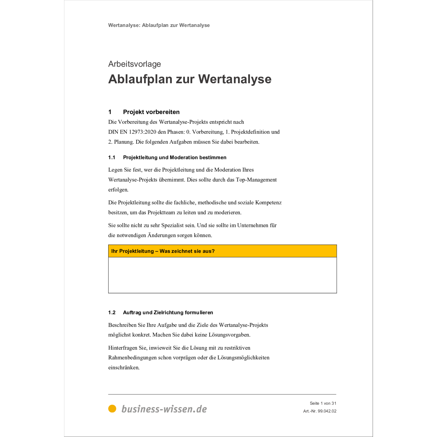Wertanalyse – Anleitung mit Vorlagen