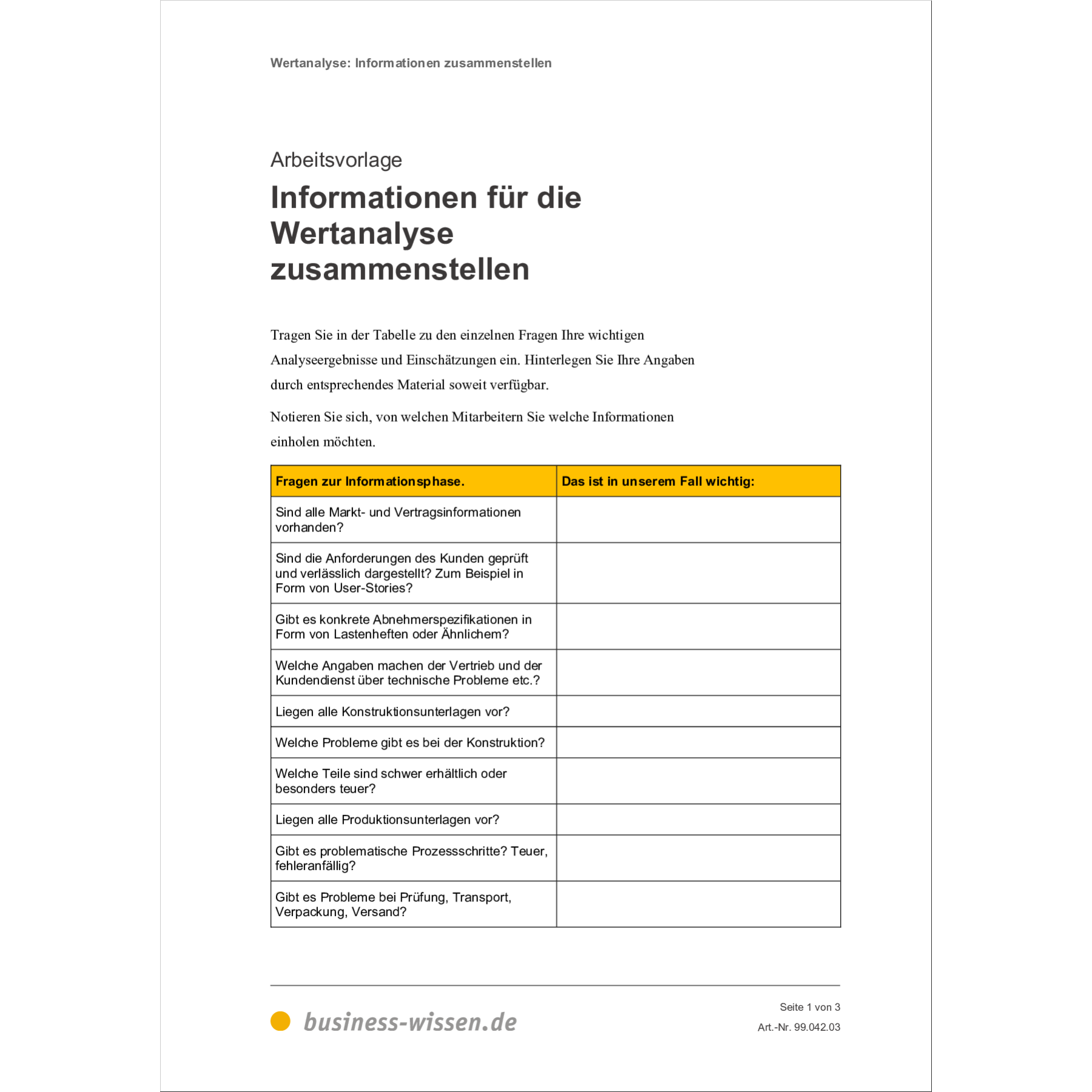 Wertanalyse – Anleitung mit Vorlagen