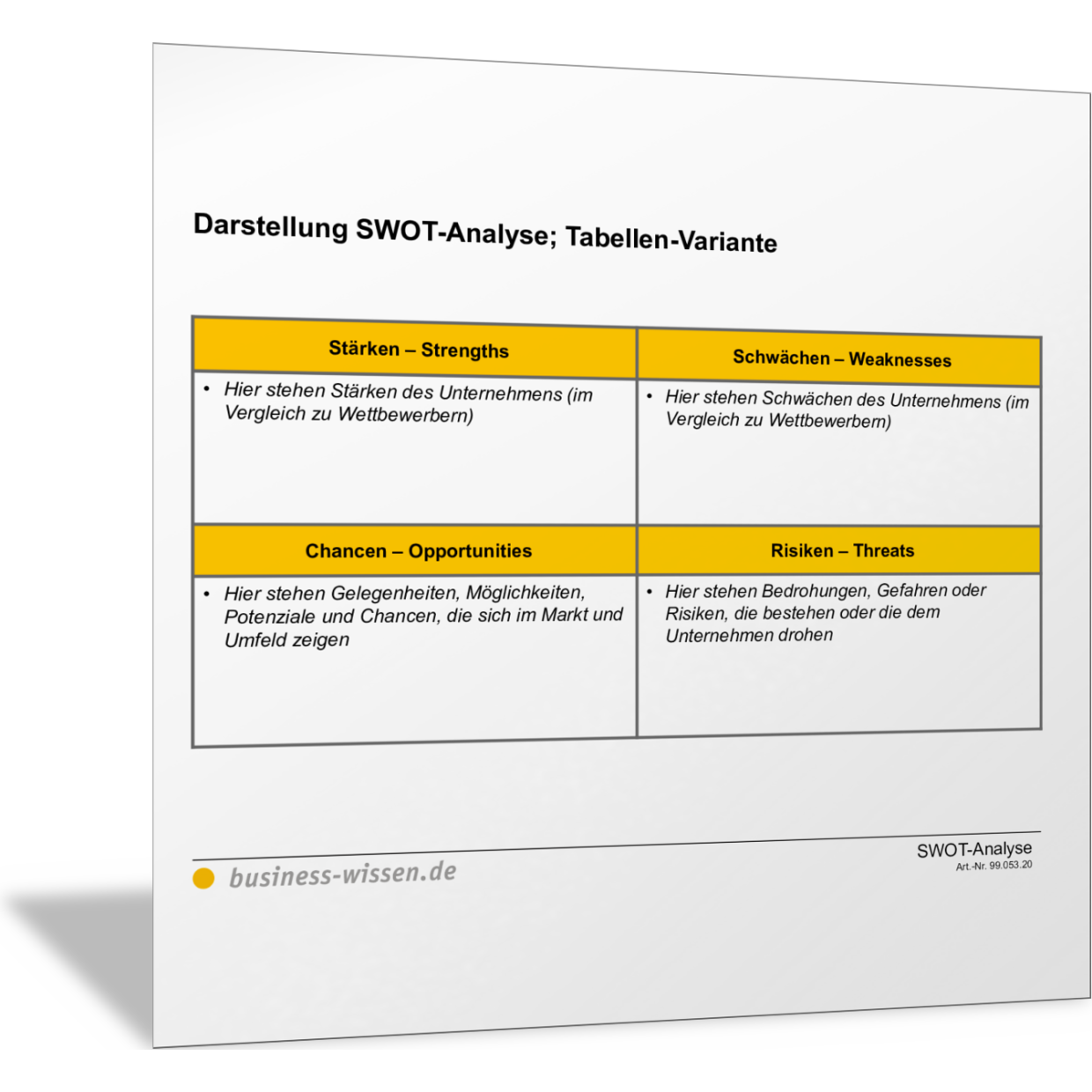 SWOT-Analyse als Tabelle und Matrix dargestellt – Vorlage