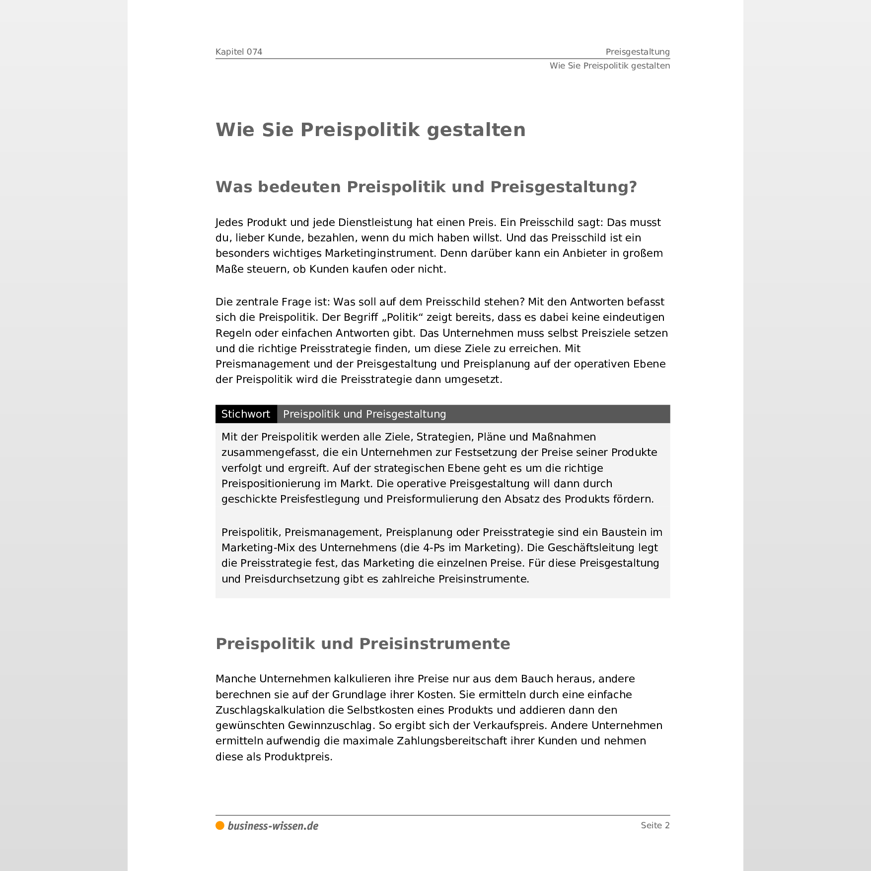 Preisgestaltung – Anleitung mit Vorlagen