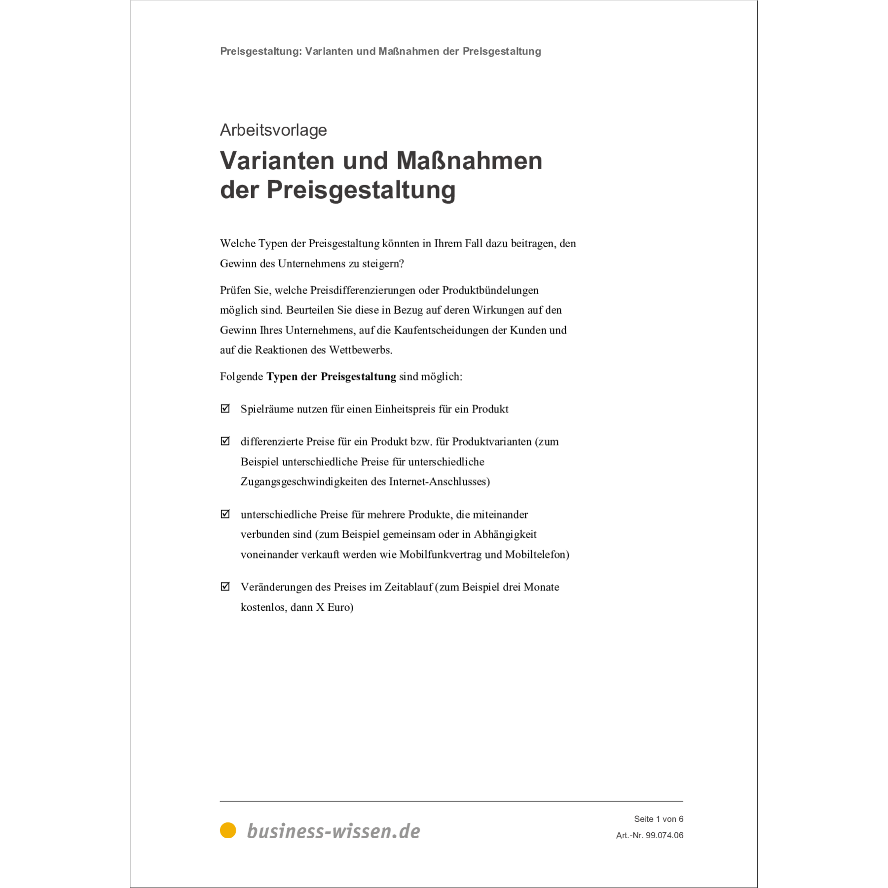 Preisgestaltung – Anleitung mit Vorlagen