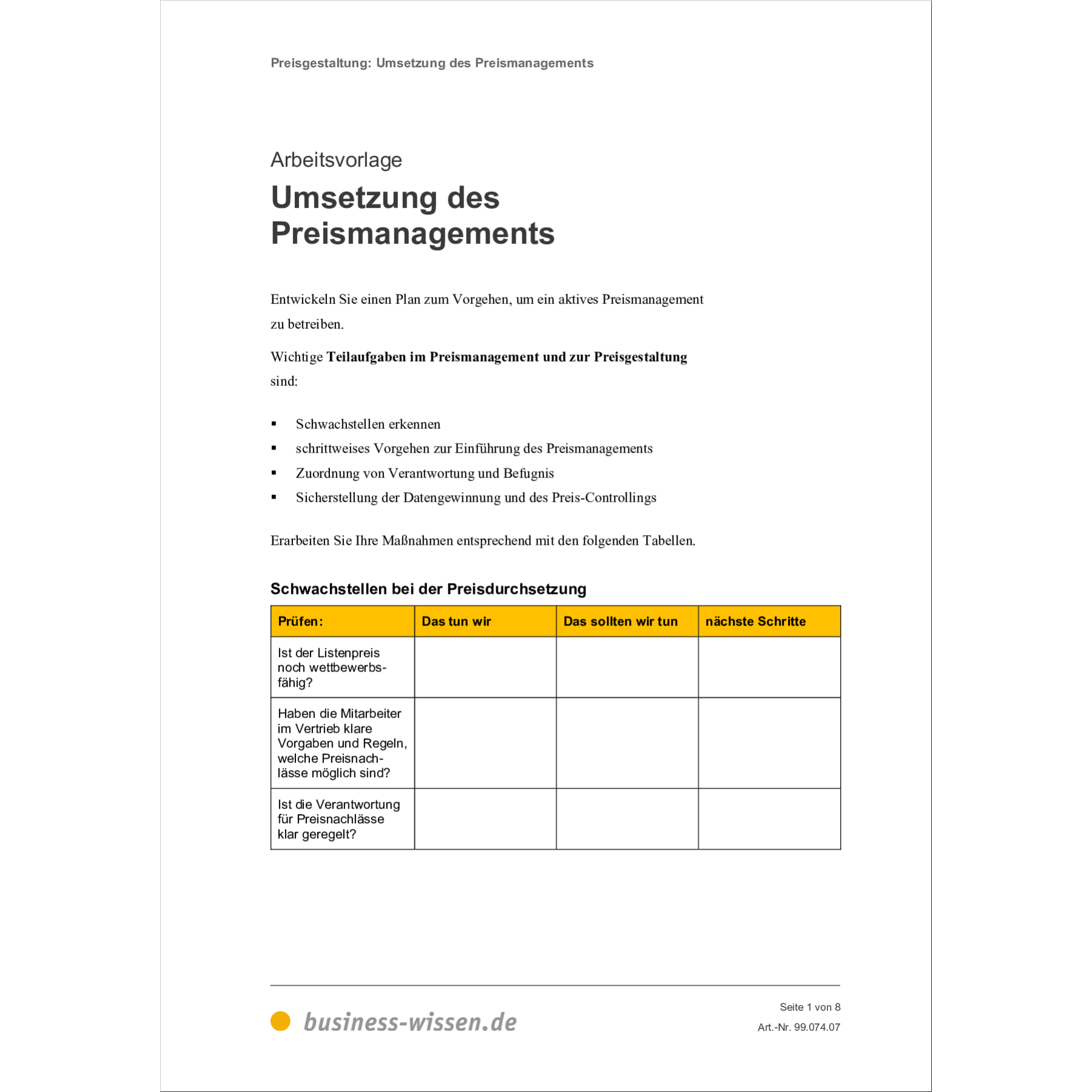 Preisgestaltung – Anleitung mit Vorlagen