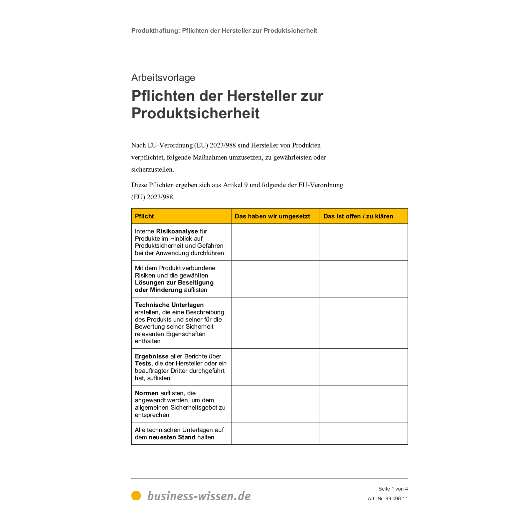 Produkthaftung und Produktsicherheit – Anleitung mit Vorlagen
