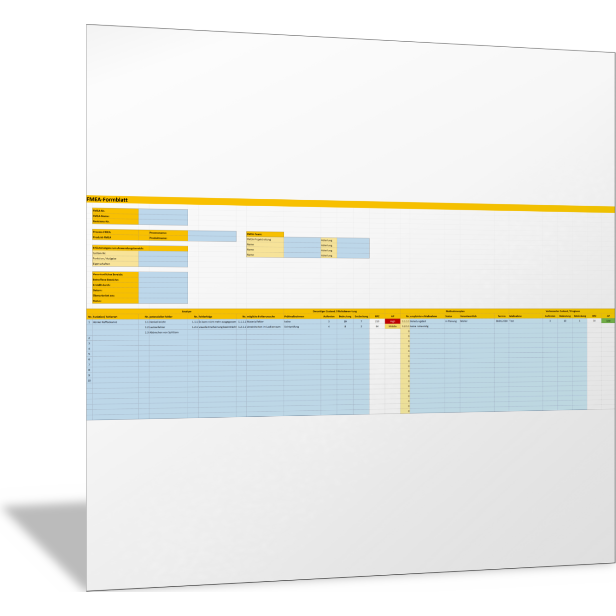 FMEA-Formblatt (Variante 1) – Excel-Vorlage