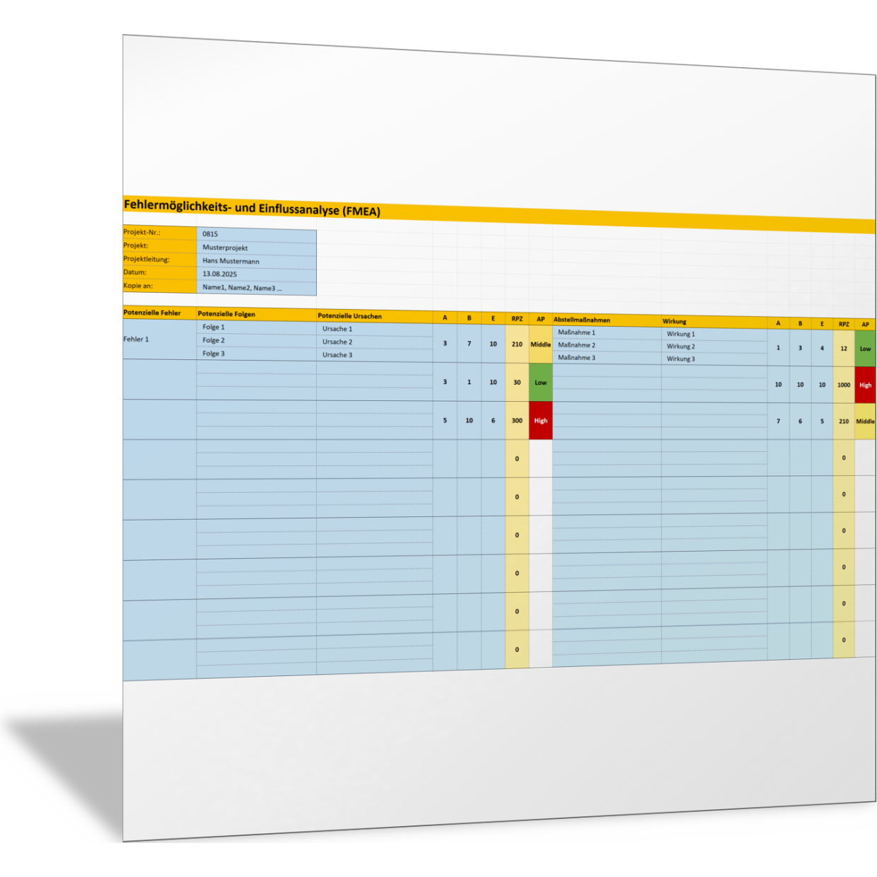 FMEA-Formblatt (Variante 2) – Excel-Vorlage