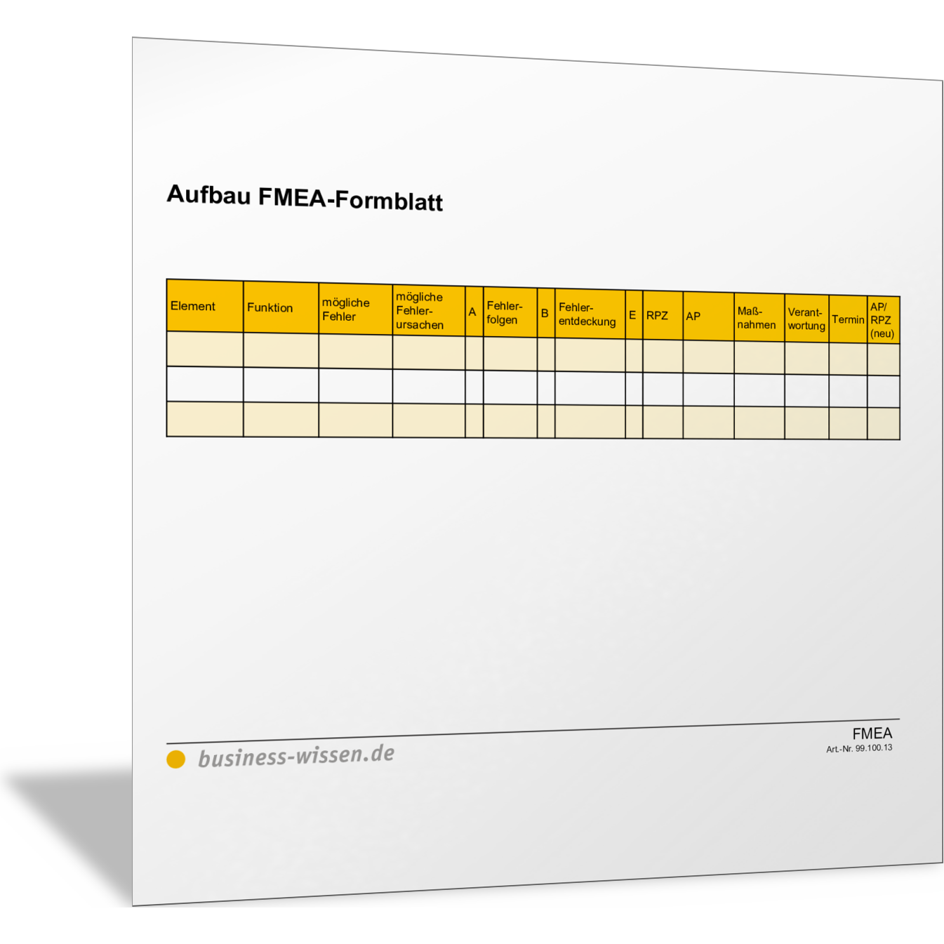 FMEA-Formblatt (vereinfachter Aufbau) – Vorlage