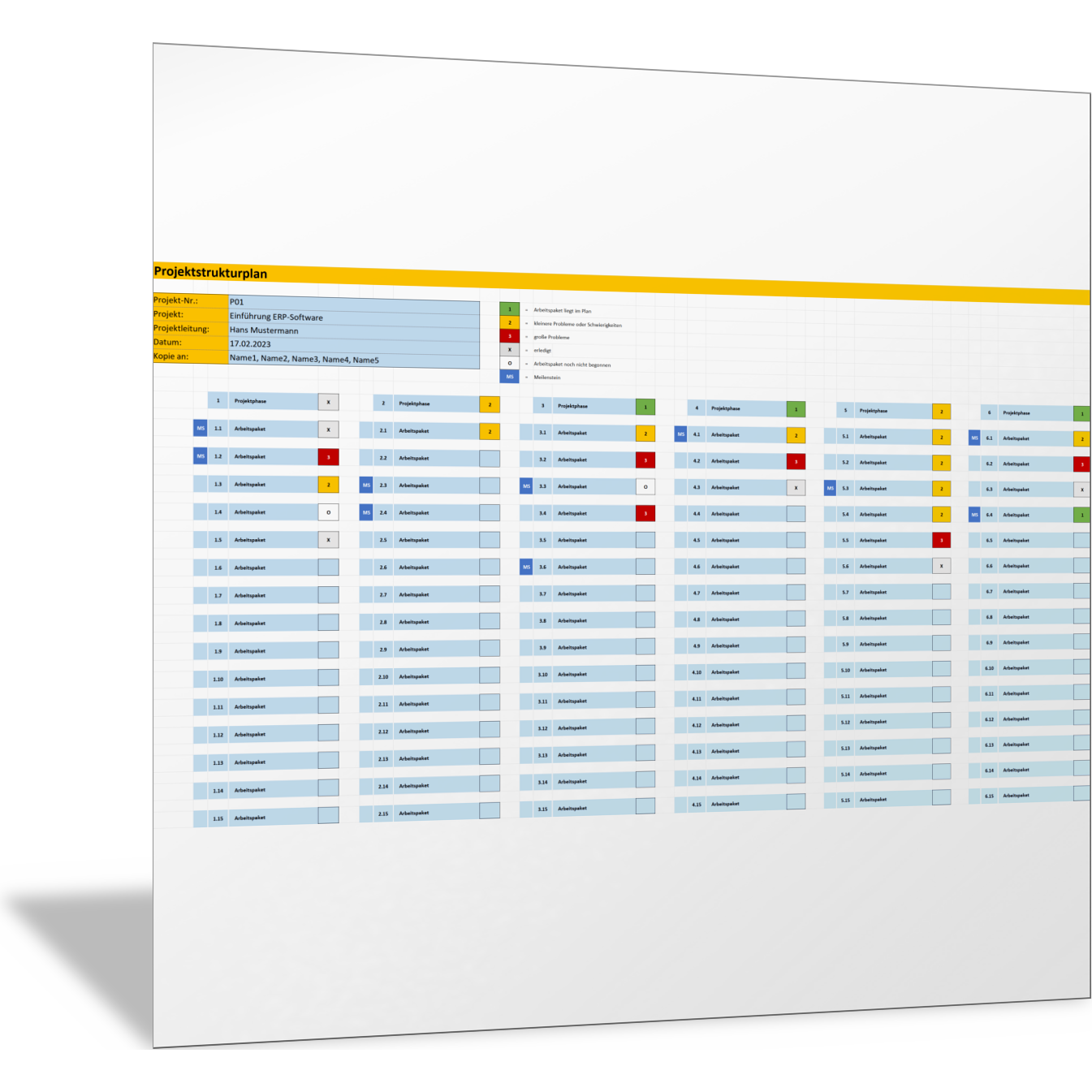 Projektstrukturplan mit Arbeitspaketen, Meilensteinen und Status – Vorlage