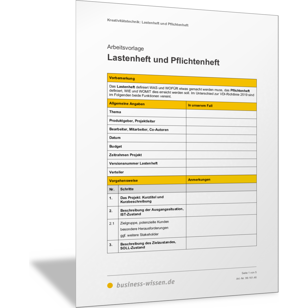 Merkmale und Inhalte von Lastenheft und Pflichtenheft – Vorlage