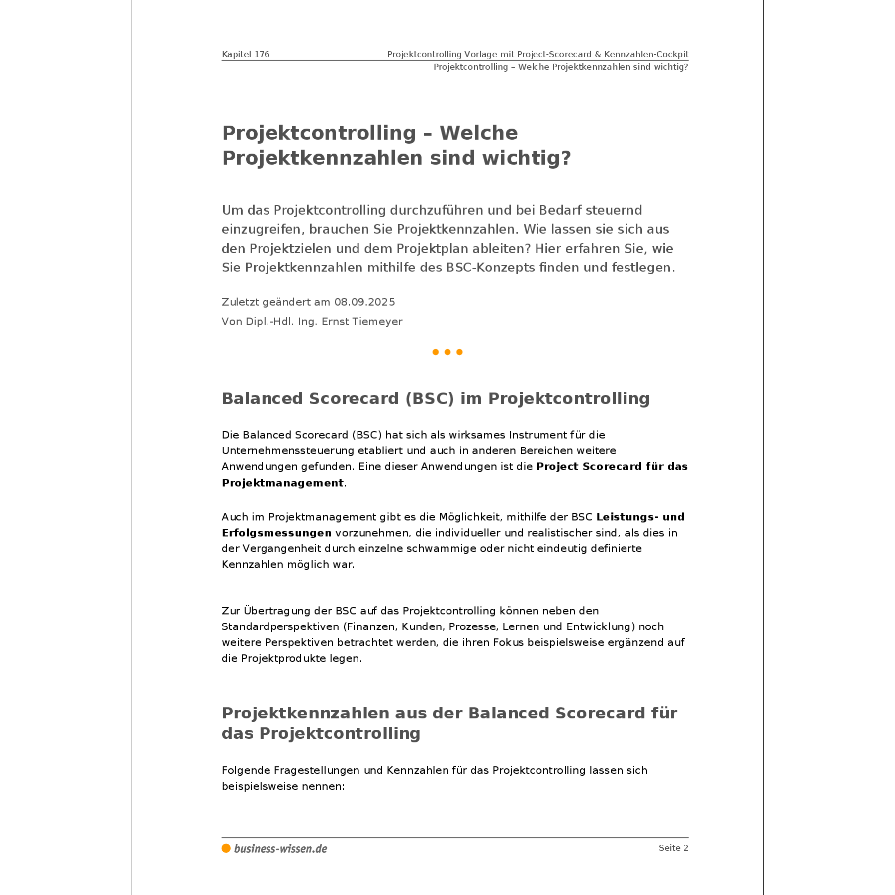 Projektcontrolling Vorlage mit Project-Scorecard & Kennzahlen-Cockpit ...