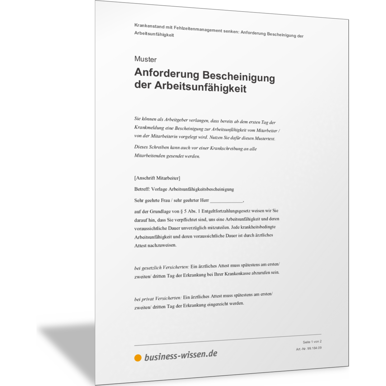 Muster Anforderung Arbeitsunfähigkeitsbescheinigung ab erstem Tag ...