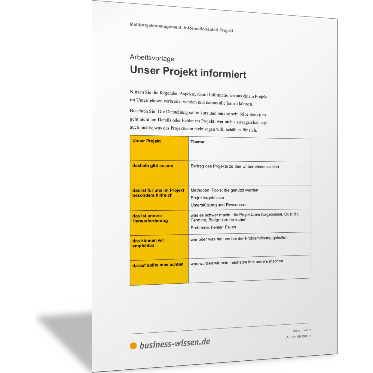 Informationsblatt zum Projekt: Unser Projekt informiert – Vorlage