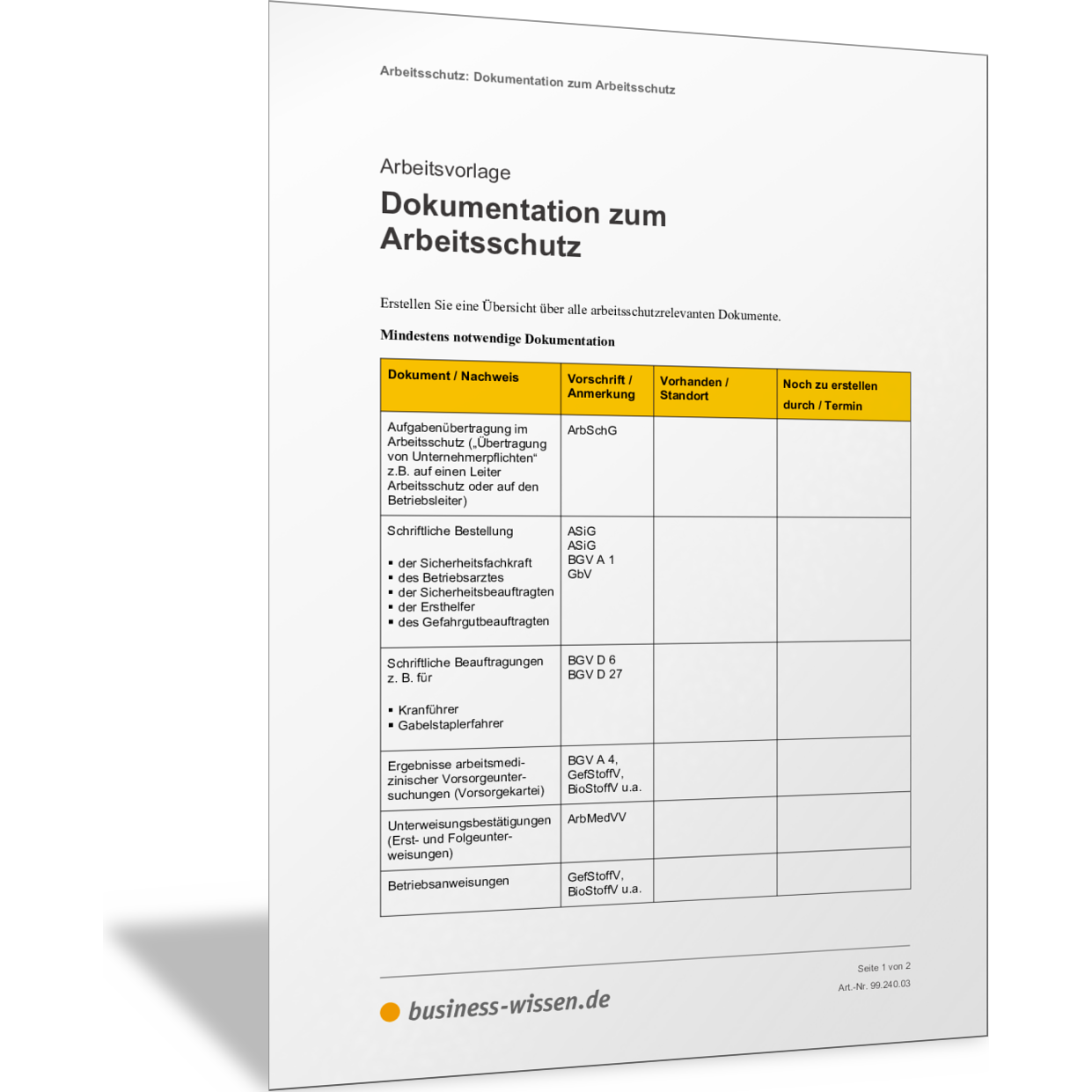 Dokumentation zum Arbeitsschutz – Vorlage