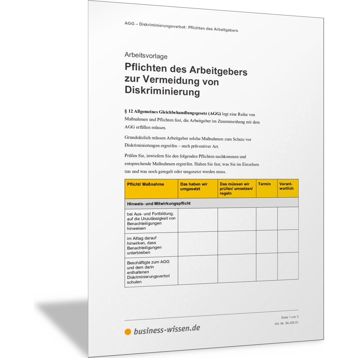 Pflichten des Arbeitgebers zur Vermeidung von Diskriminierung – Vorlage